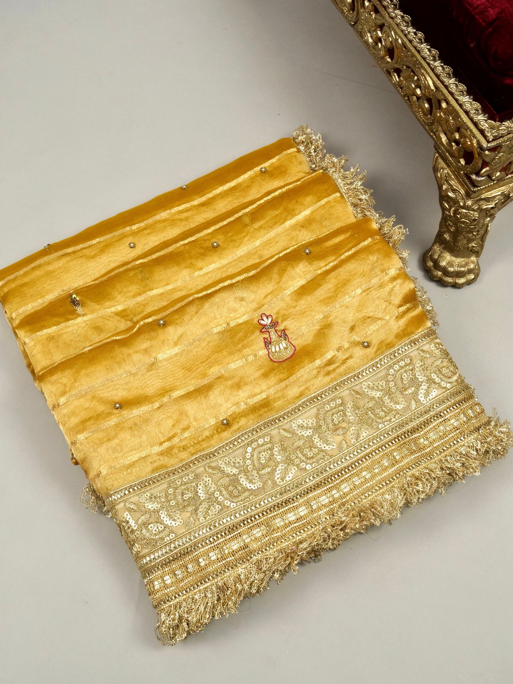 Yellow Tissue Embroidery Jhalar Border with Mashru Blouse Saree ...